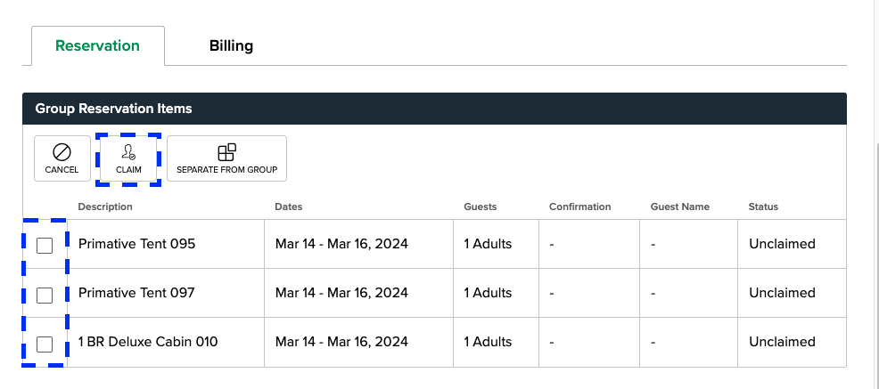 How To: Claim a site on a Group Reservation